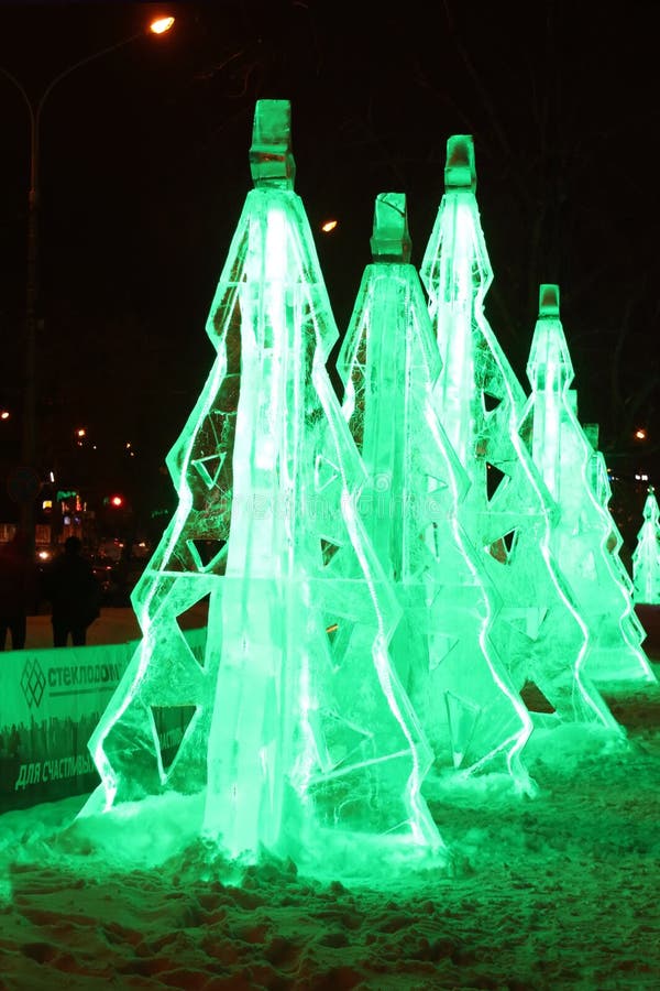 PERM, RUSSIA - JAN 11, 2014: Many Illuminated Ice Christmas Tree ...