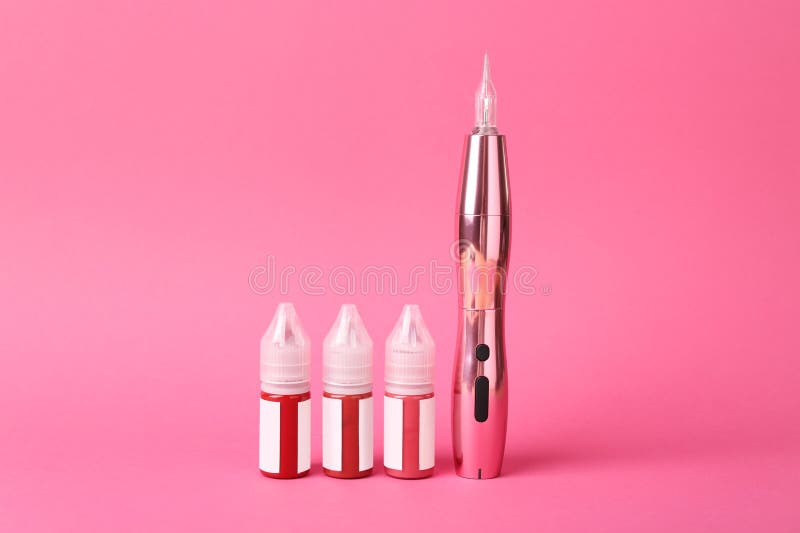 Permanent Makeup Machine and Pigments on Pink Background Stock Image ...