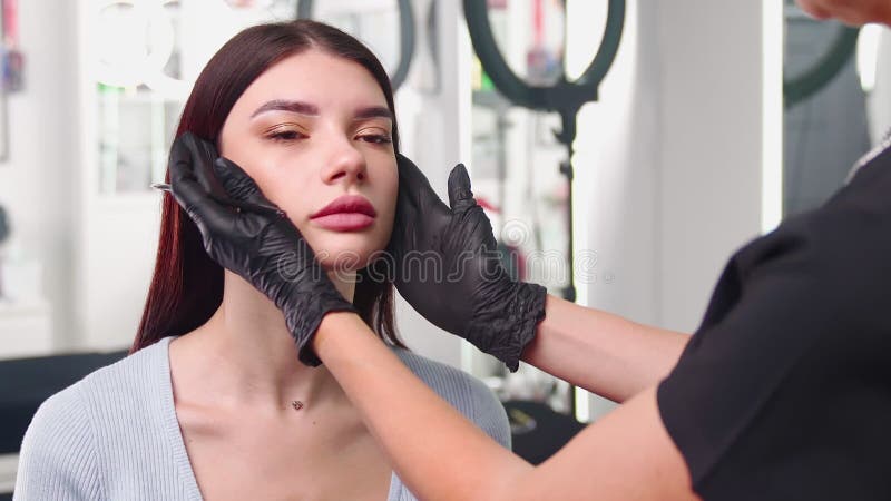 Permanent Makeup Master Prepares Woman Client for Eyebrow Microblading ...