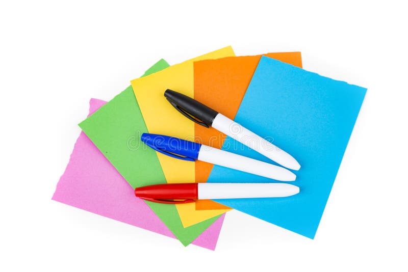 Permanent Markers on Multicolored Note Pad Papers Isolated Over White ...