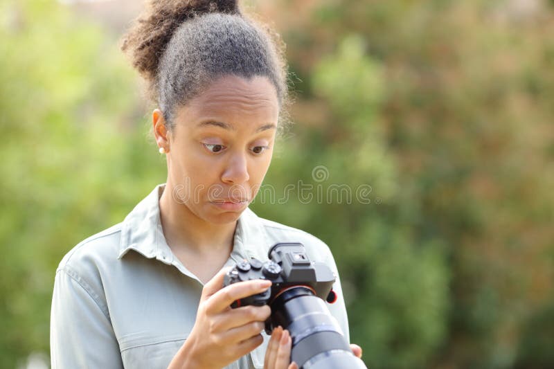 Perplexed Black Photographer Checking Camera Stock Image - Image of ...