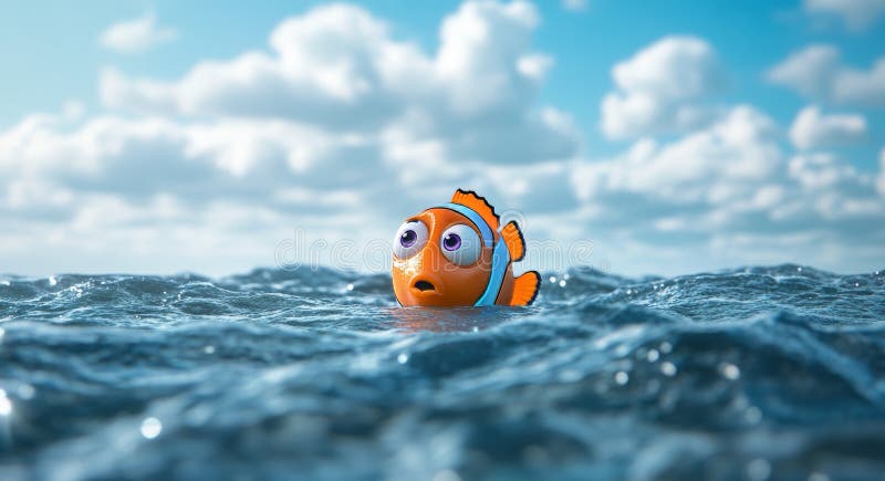 A Perplexed Cartoon Clownfish is Swimming in an Underwater Setting with ...