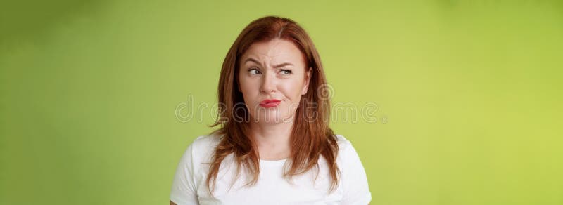 Perplexed Doubtful Unsure Redhead Wife Smirking Unsatisfied Frowning
