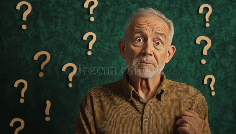 Perplexed Elderly Man Surrounded by Question Marks on Green Background ...