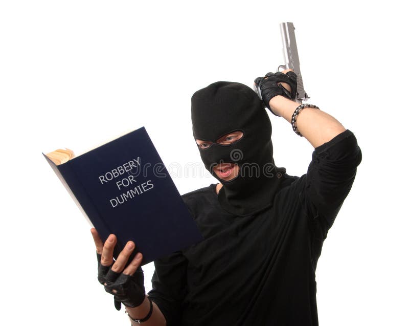 Perplexed Robber with Gun Reads Book Over White. Stock Photo - Image of ...