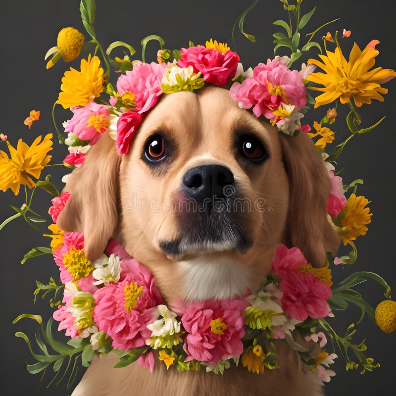 Perro lindo con flores stock de ilustración. Ilustración de perro ...