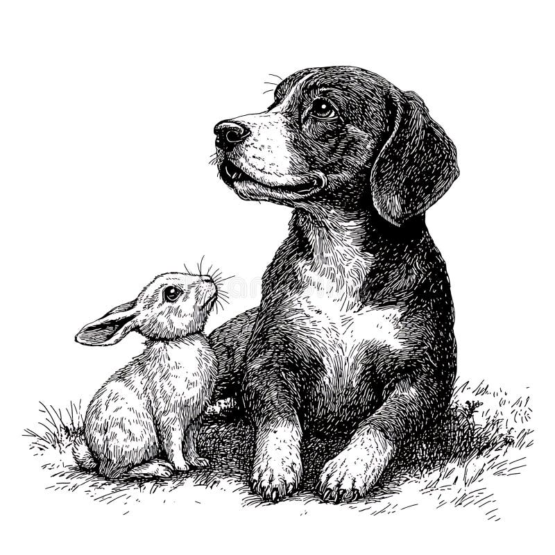 Perro Y Conejo Sentados Juntos En Blanco Y Negro Stock de ilustración ...