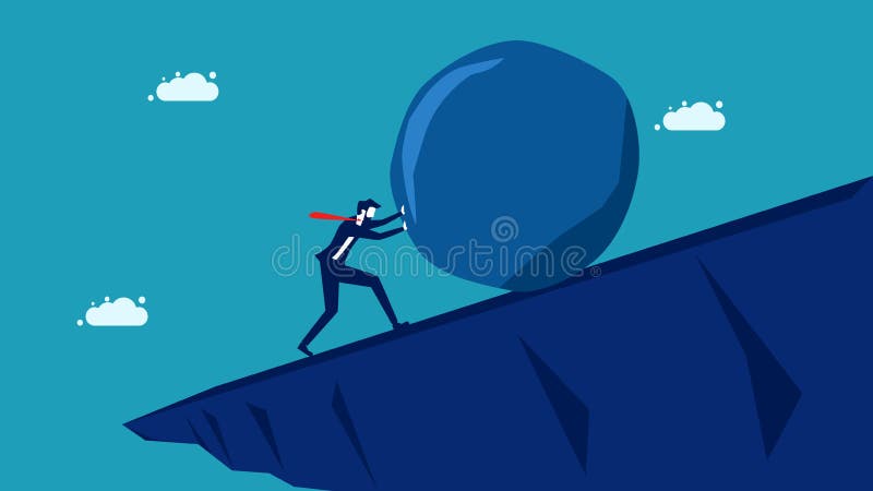 Perseverance and Hard Work. Businessman Pushing a Rock Up a Cliff Stock ...