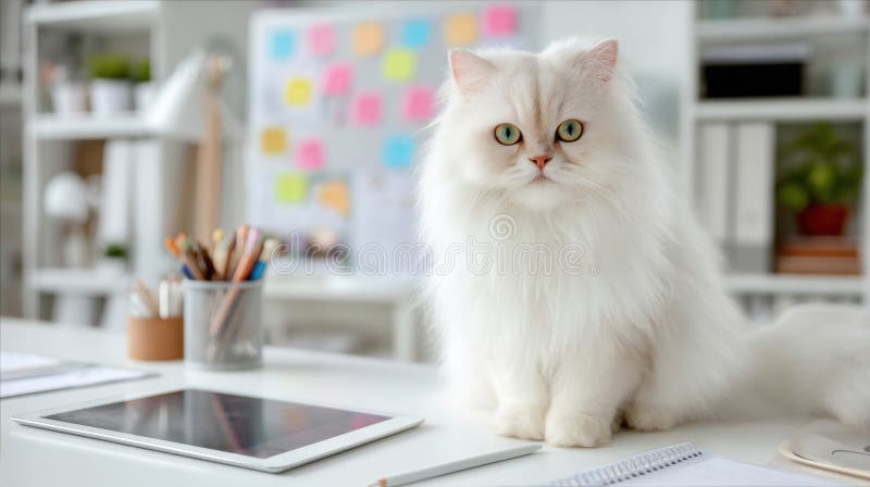 Persian Cat Drawing Digital Art in Bright Studio with Tablet and Stylus ...
