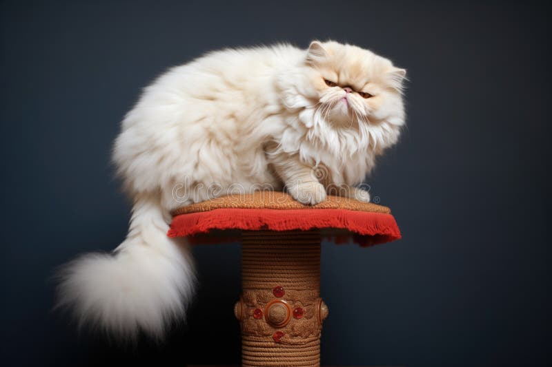 Persian Cat Grooming Itself on the Base of a Cat Tree Stock ...