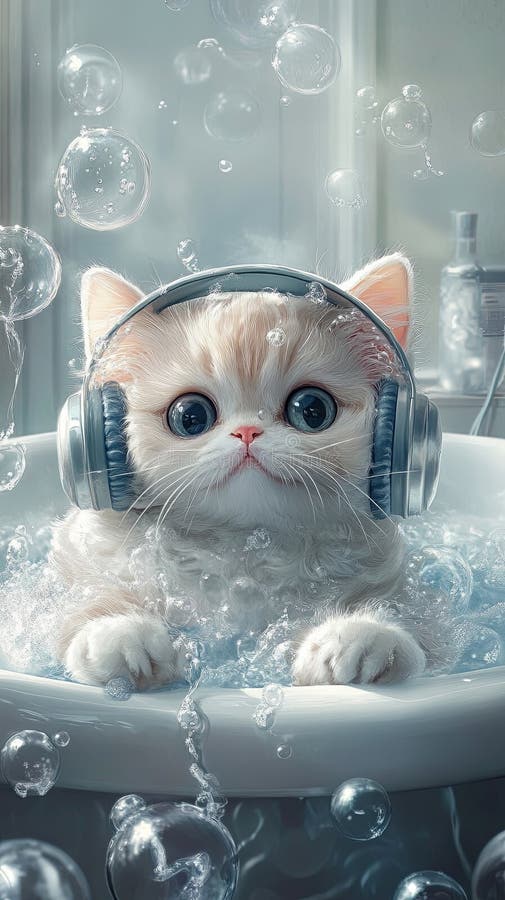 Persian Cat with Headphones in Bubble Tub. Stock Photo - Image of white, portrait: 397524682