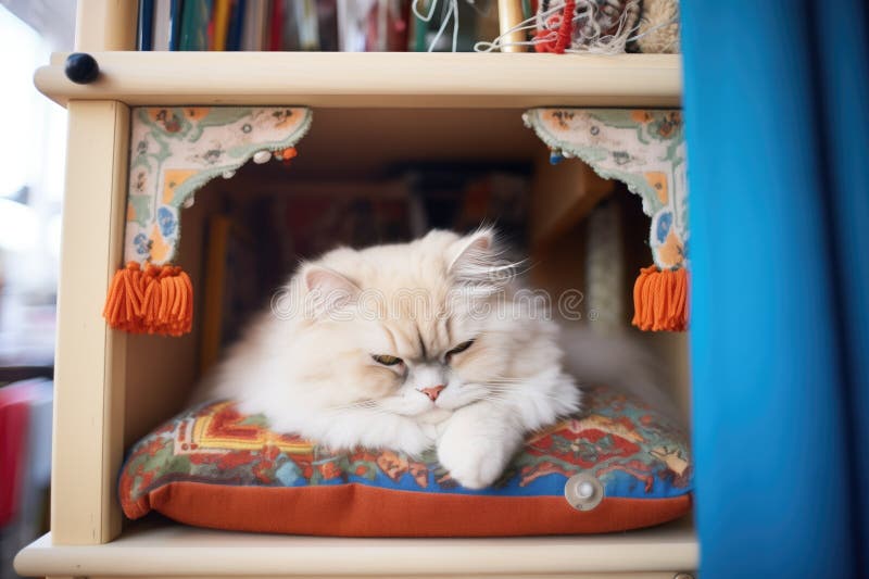 Persian Cat Sleeping within an Enclosed Cubby of a Cat Tree Stock Photo ...