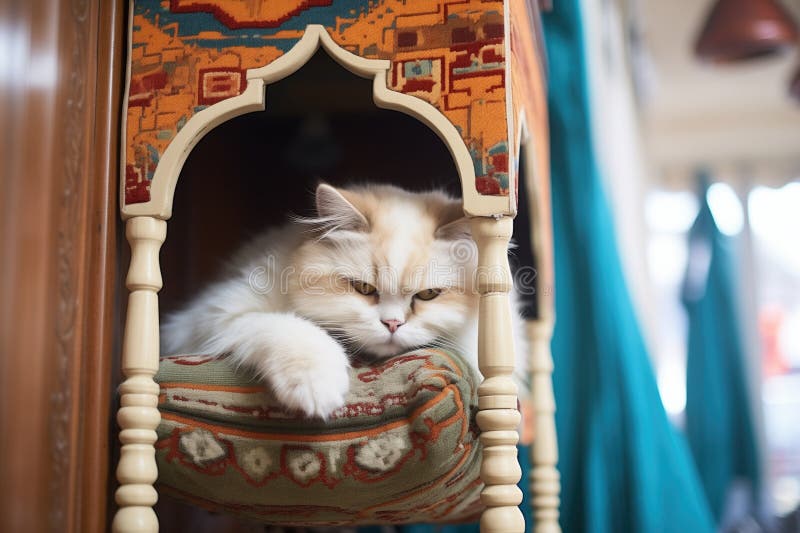 Persian Cat Sleeping within an Enclosed Cubby of a Cat Tree Stock Image ...