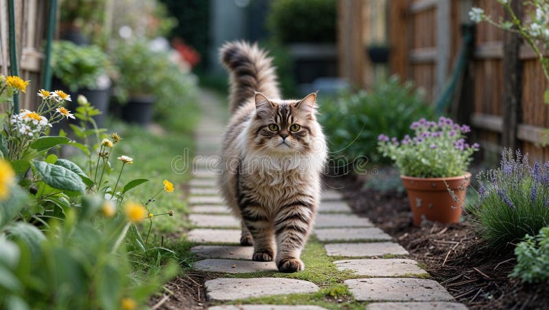 Persian Cat Walking Slowly Down Garden Path Stock Illustration ...