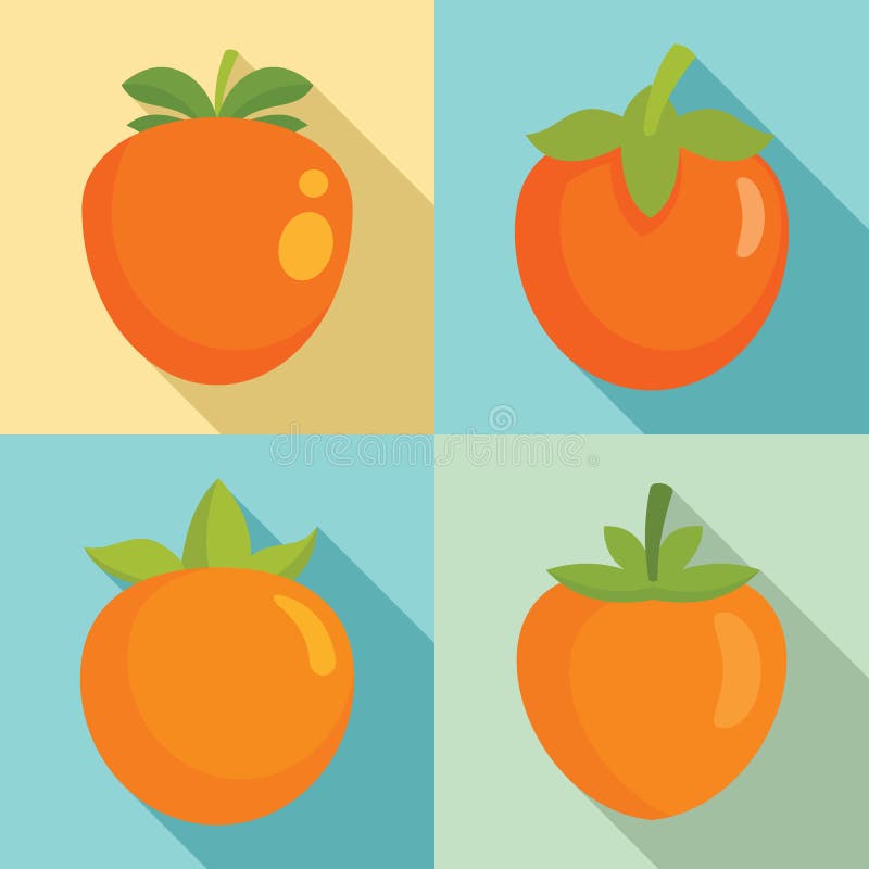 Persimmon Icon Set, Flat Style Stock Vector - Illustration of kaki ...