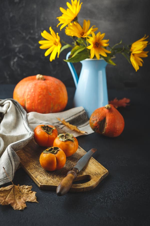 Persimmon, pumpkin, corn stock photo. Image of holiday - 132232446