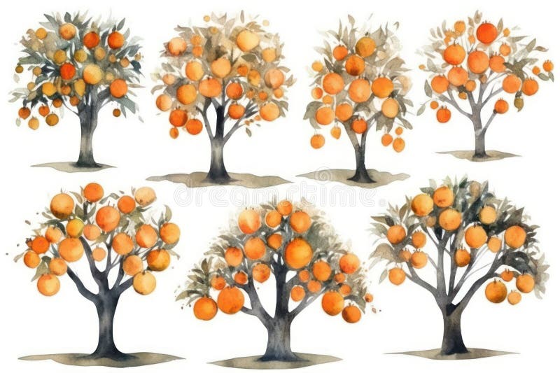 Persimmon Tree Forest Collection: Hand-Drawn Watercolor Trees . Stock ...
