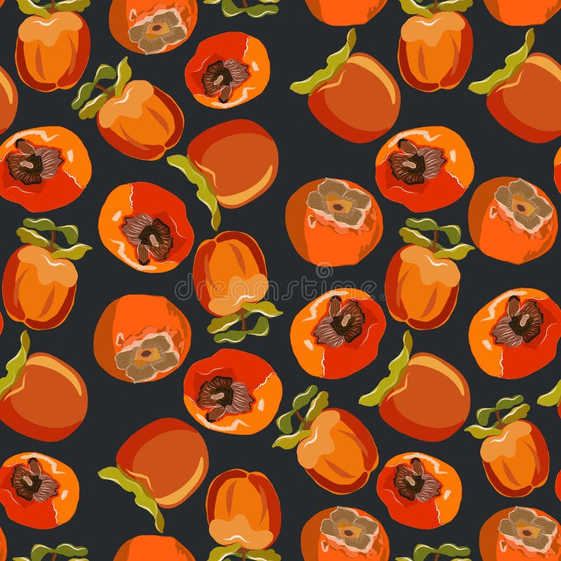 Persimmon Whole Seamless Pattern on a Blacck Background Stock ...