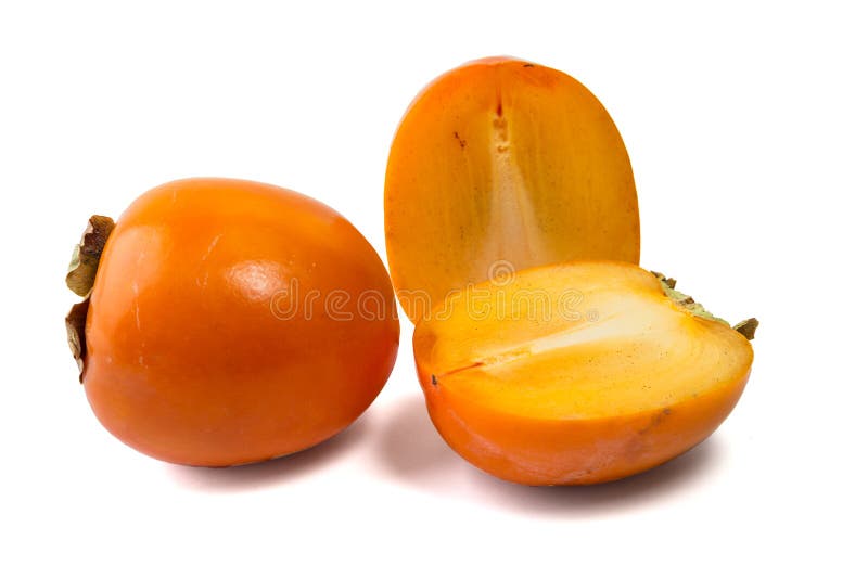 Persimmons, One Whole and One Cut in Two Pieces Stock Photo - Image of ...