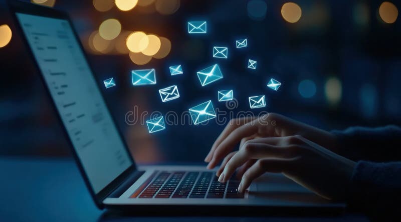A Person Types on a Laptop with Envelope Icons on the Screen Stock ...
