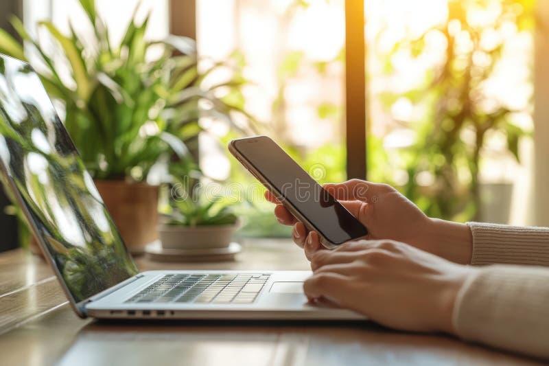 A Person is Actively Using Both a Laptop and a Cell Phone ...