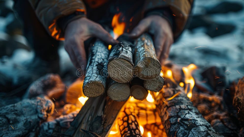 Person Adding Logs To a Campfire. Stock Image - Image of campfire ...