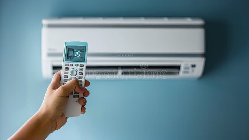 Controlling the Climate: Person with Remote in Front of Air Conditioner ...