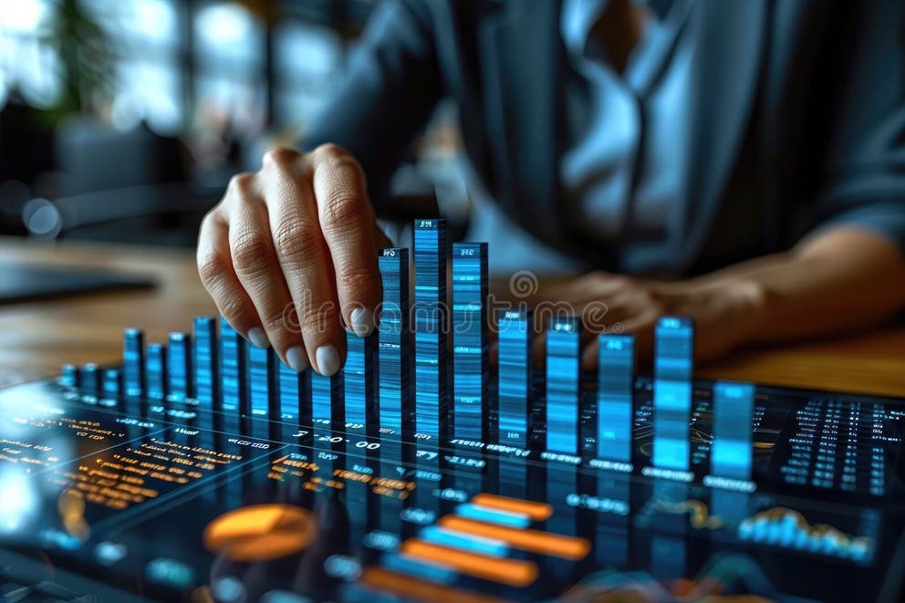 Woman S Hand Interacting with Futuristic Holographic Stock Market Data ...