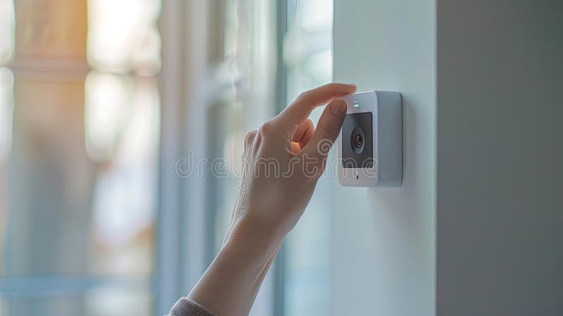Person Adjusting a White Security Camera on a Bright Wall. Stock Image ...