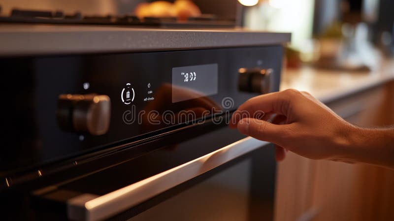 A Person Adjusts a Modern Black Oven with a Digital Display and Control ...