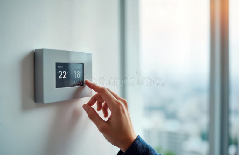 Person Adjusts Smart Thermostat on White Wall. Modern Tech Control ...