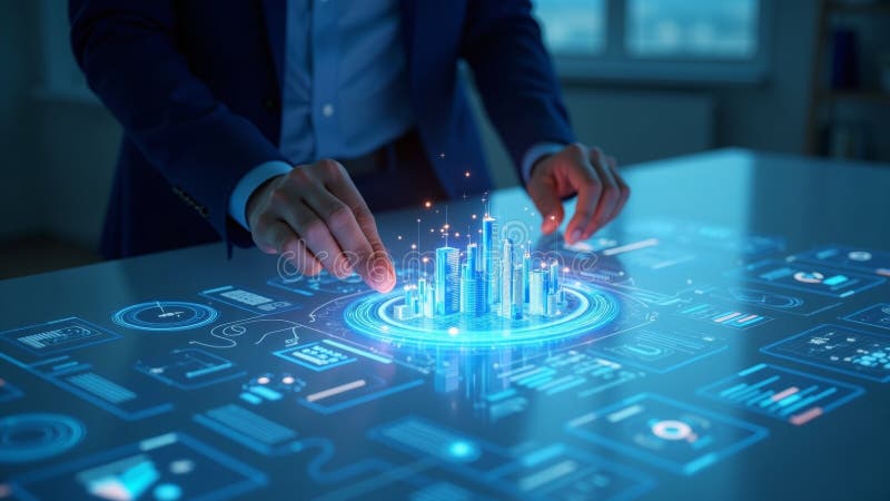 A Person Analyzes a Business Roadmap with Holographic Models on a Strategy Table, Sharp ...