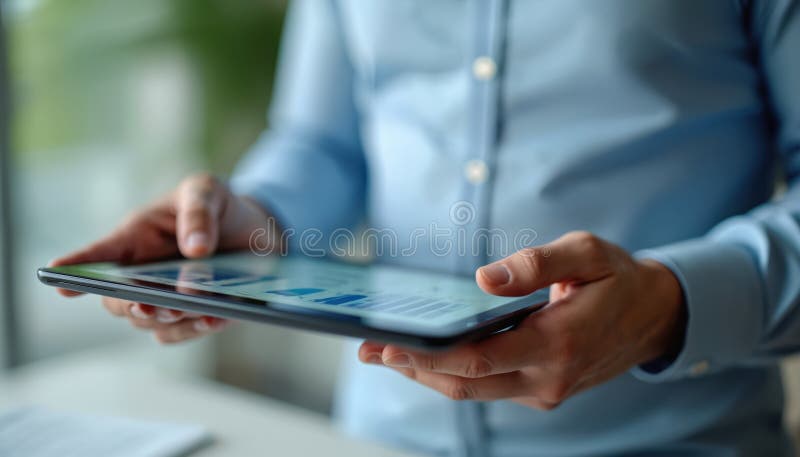 Person Analyzes Data on Tablet in Modern Office. Pro Reviews Business ...