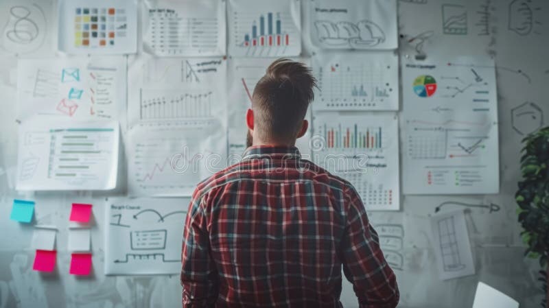 Person Analyzing Charts and Graphs Pinned To a Wall Stock Illustration ...