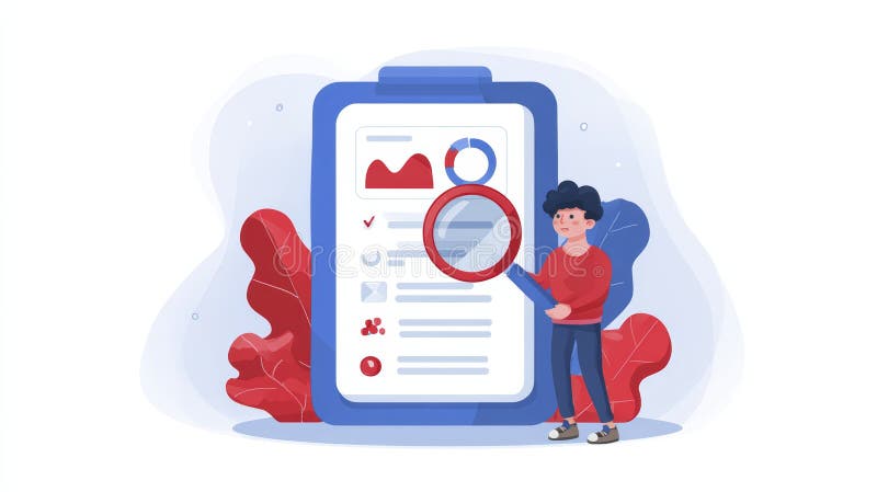 Person Analyzing Data on Clipboard with Magnifying Glass Cartoon Stock ...