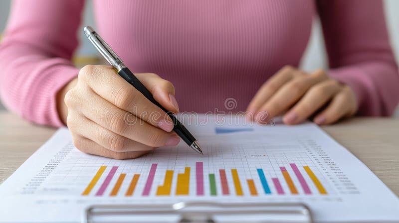 A Person Analyzing Data with Colorful Graphs on a Sheet, Holding a Pen ...