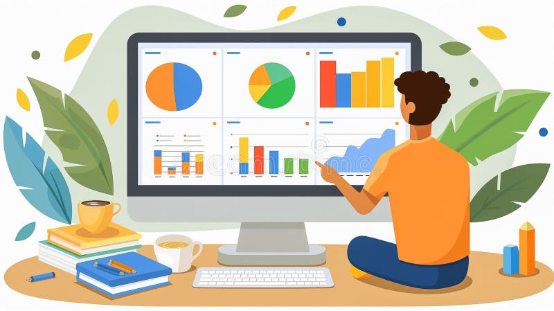 Person Analyzing Data on Computer at Home Stock Illustration ...