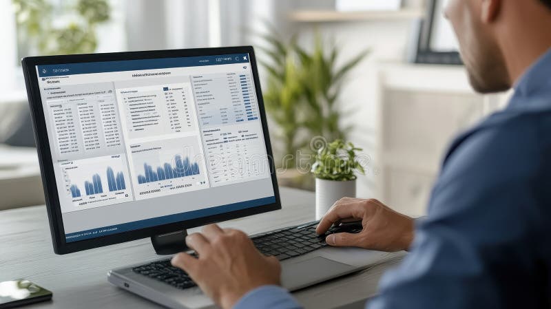 A Person Analyzing Data on a Computer Screen with Graphs and Tables in ...
