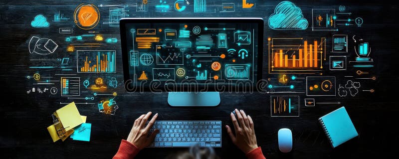 Person Analyzing Data on a Computer with Technology Icons and Charts ...