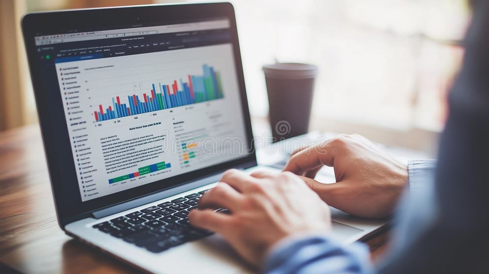 Person Analyzing Data on a Laptop with Colorful Graphs and Charts ...