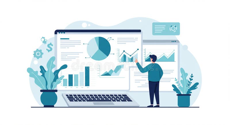A Person Analyzing Data on Large Screens Displaying Various Charts and Graphs, Stock ...