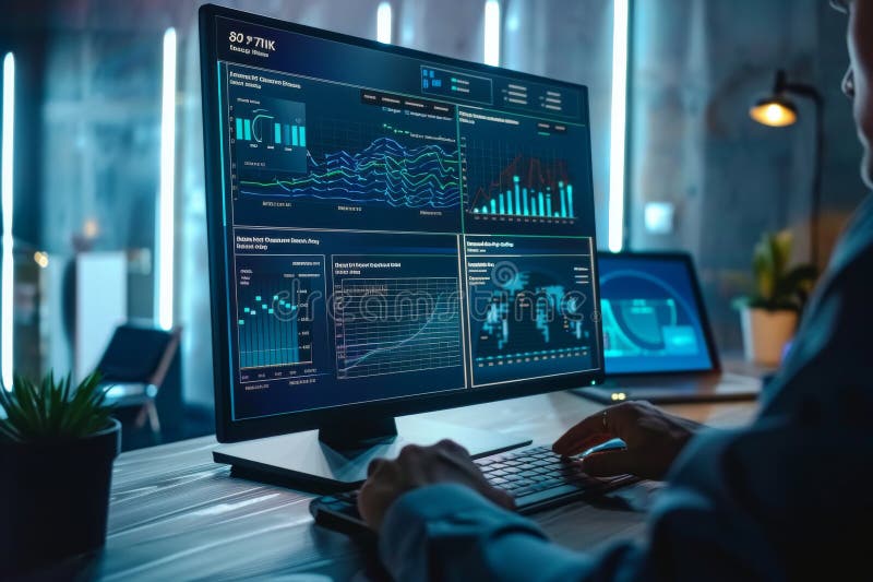 Person Analyzing Data on Multiple Computer Screens in a Modern Office ... Person Analyzing Data on Multiple Computer Screens in a Modern Office ...