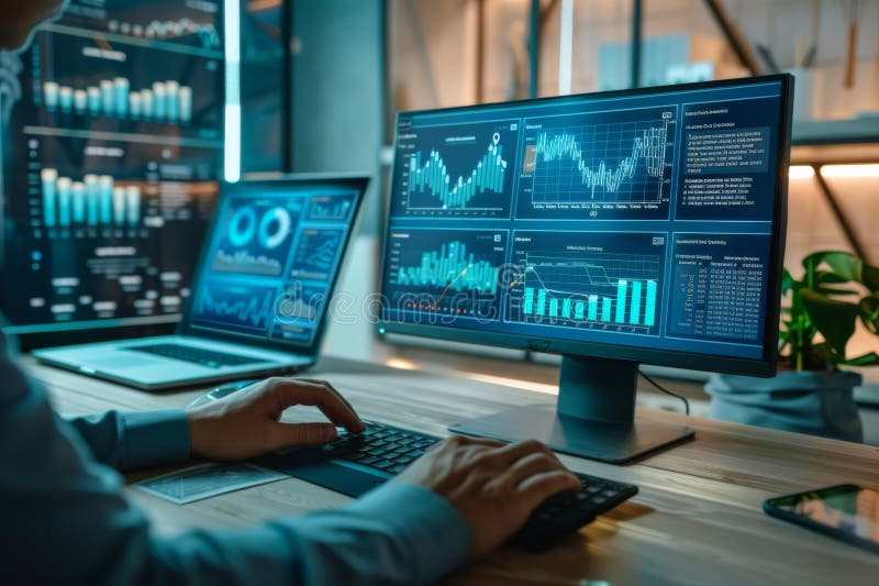 Person Analyzing Data on Multiple Computer Screens in a Modern Office ... Person Analyzing Data on Multiple Computer Screens in a Modern Office ...