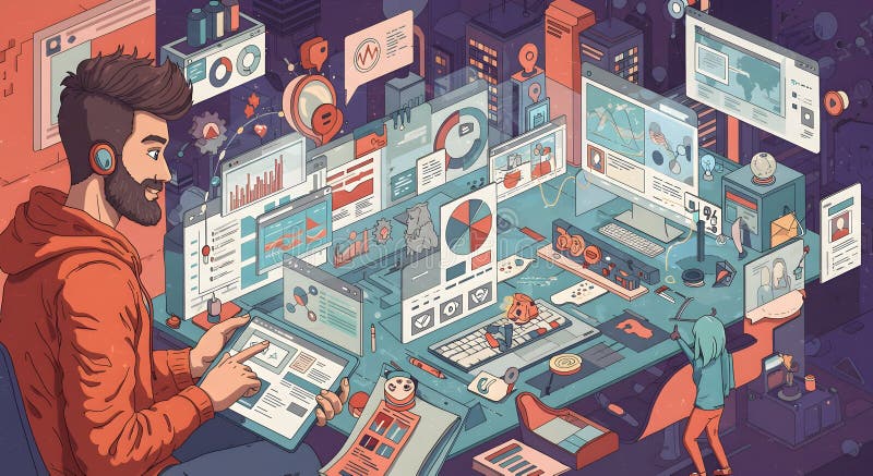 Person Analyzing Data on Multiple Screens and Tablet Stock Illustration ...