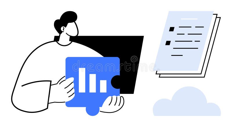 Person Analyzing Data with Puzzle Piece, Cloud Storage, and Checklist Document Stock ...