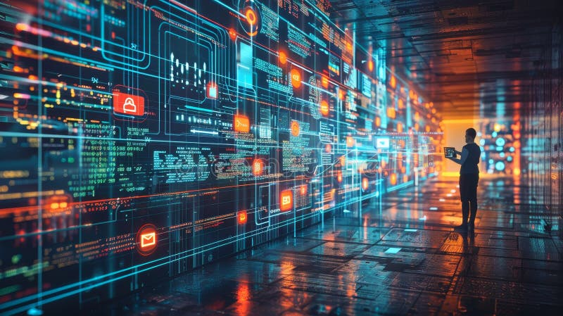 A Person Analyzing Digital Data on a Futuristic Virtual Screen in a ...