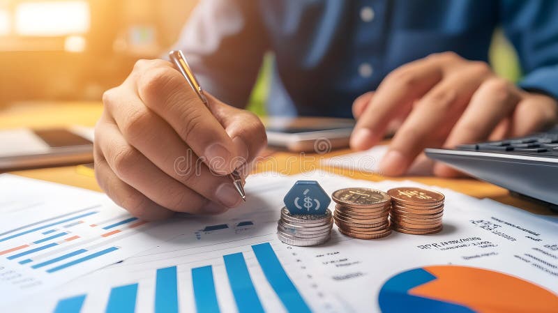 Person Analyzing Financial Data with Coins and Charts Stock Photo ...