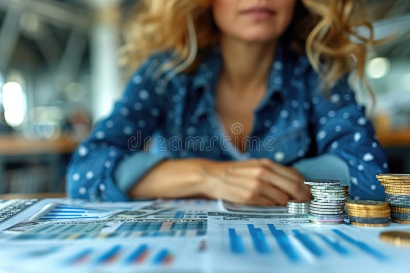Successful Businesswoman Analyzing Financial Report with Coins Stock Illustration - Illustration ...