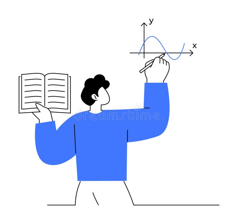 Person Analyzing Graph with Open Book in Hand, Drawing Sine Wave on X-Y ...