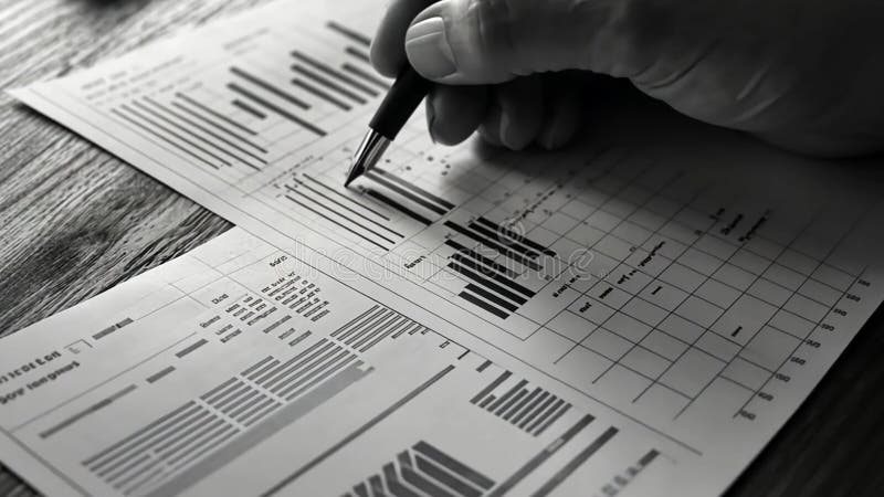 A Person Analyzing Graphs and Data on Paper. the Hand Holds a Pen ...